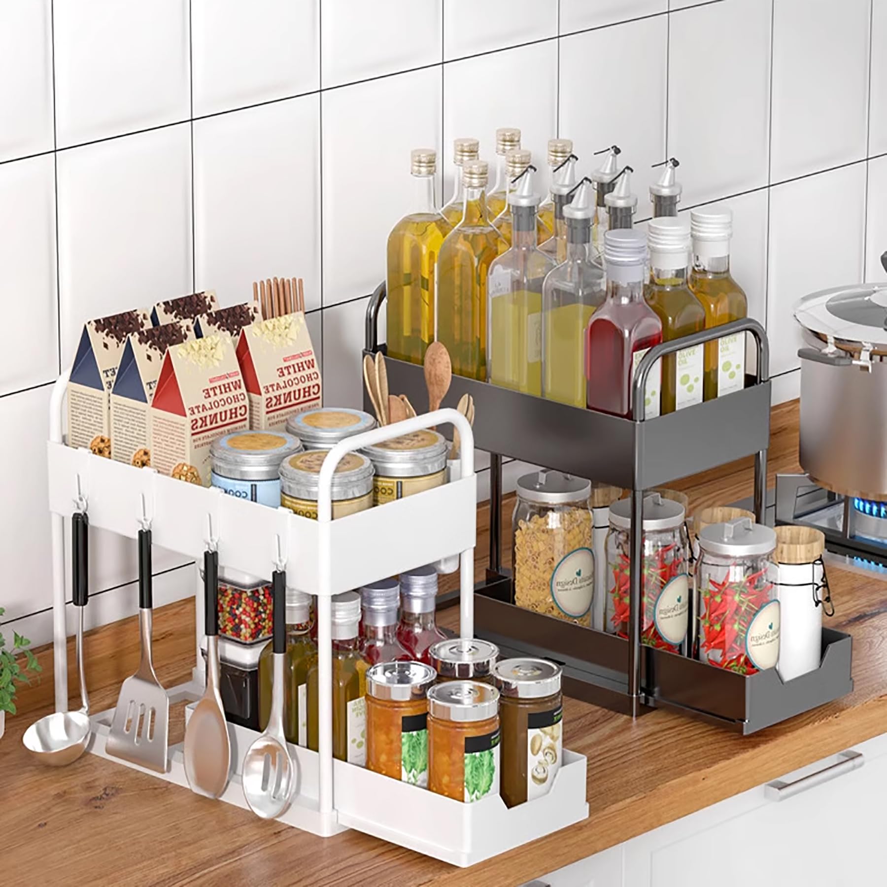LONONE Under Sink Organizers and Storage Kitchen 2 Pack Under Sink Organizer Storage Pull Out Sliding Cabinet Organizer Pull Out Shelves Under Kitchen Sink,White