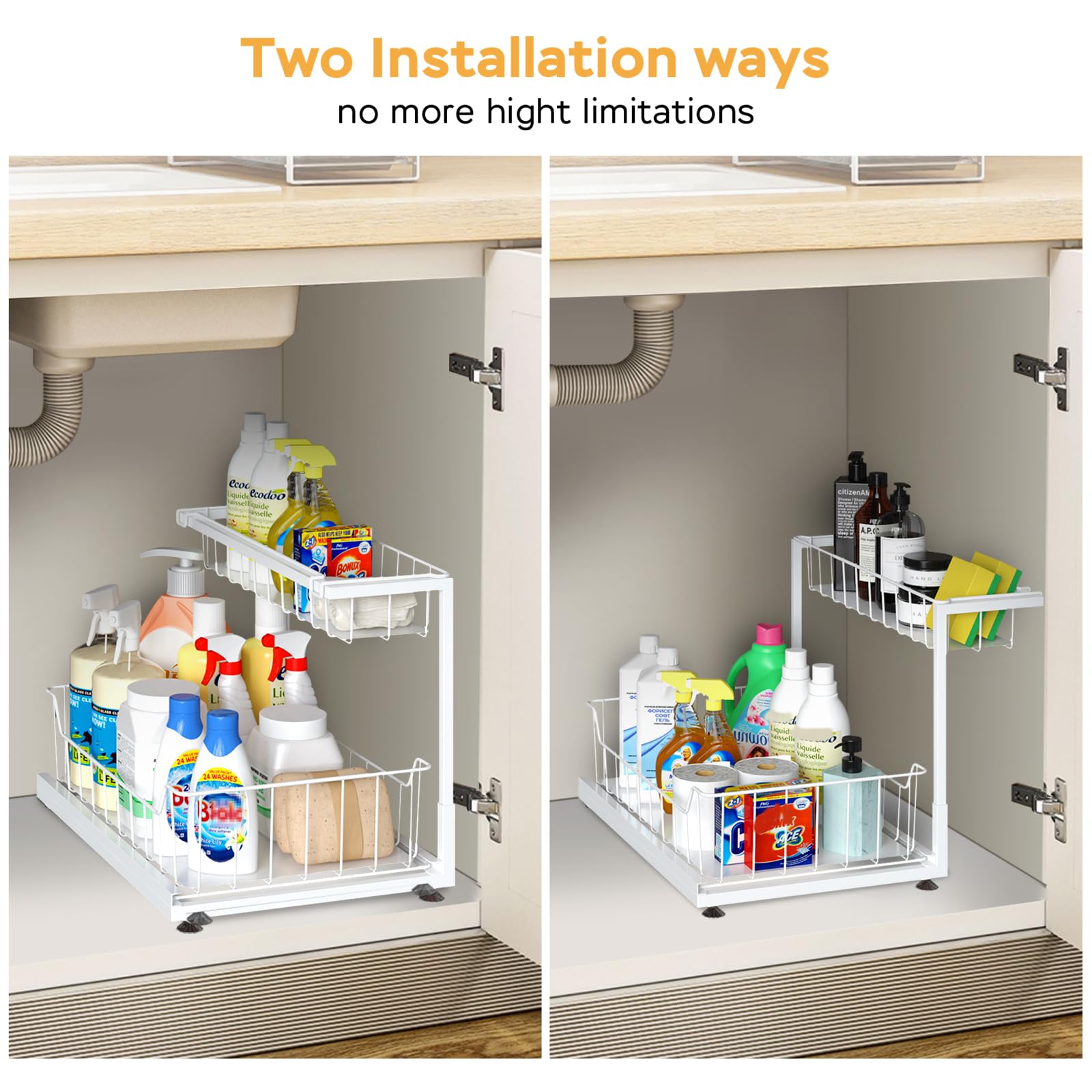 Suppino Under Kitchen Sink Organizer, Metal Sliding Under Cabinet Storage, 2 Tier Under Sink Storage for Kitchen, Bathroom