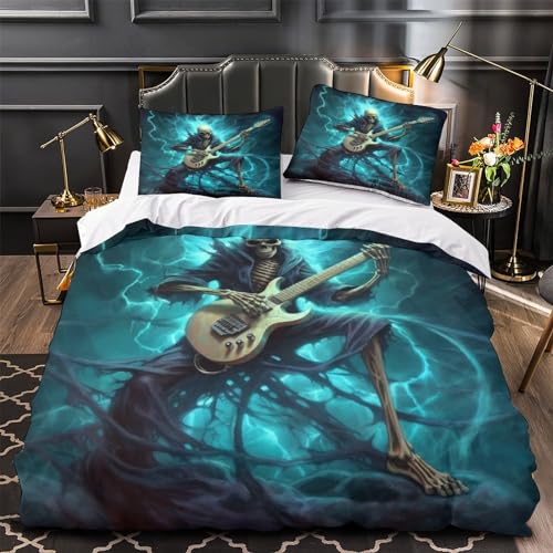 LENTLY Skull Guitar Bedding Set for Childrens and Adults Duvet Cover Set with Pillowcase 3D Print Hip Hop Rock Style Comforter Cover 3 Pieces Soft Microfiber Quilt Cover Twin(173x218cm)
