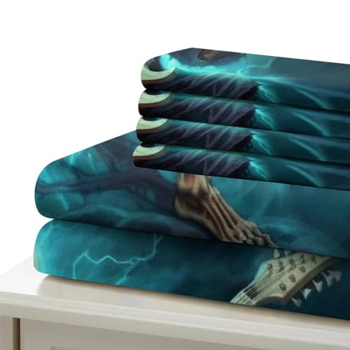 LENTLY Skull Guitar Bedding Set for Childrens and Adults Duvet Cover Set with Pillowcase 3D Print Hip Hop Rock Style Comforter Cover 3 Pieces Soft Microfiber Quilt Cover Twin(173x218cm)