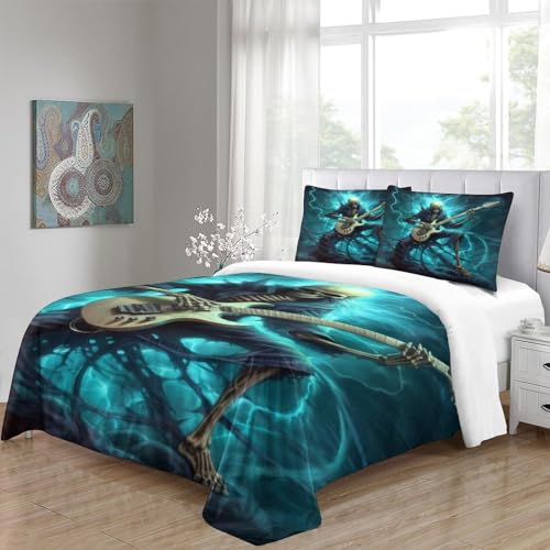 LENTLY Skull Guitar Bedding Set for Childrens and Adults Duvet Cover Set with Pillowcase 3D Print Hip Hop Rock Style Comforter Cover 3 Pieces Soft Microfiber Quilt Cover Twin(173x218cm)