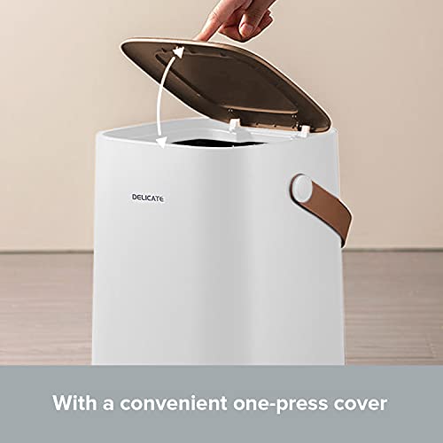 Nordic Style Garbage Can - Double Barrel Trash Can - Plastic Trash Can w/ One Press Lid - 10L/2.6Gal Waste Basket w/ Leather Handle - Modern Recycling Bins for Kitchen - Bathroom Trash Can in White & Wood