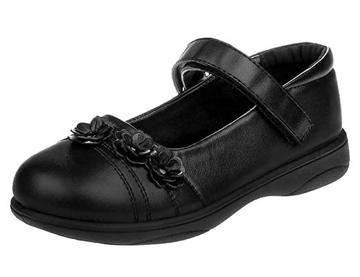 Josmo Petalia Girls Mary Jane Shoes School Kids Uniform Ballet Strap Slip-On Dress Flats - Black Flowers (Size 2 Big Kid)