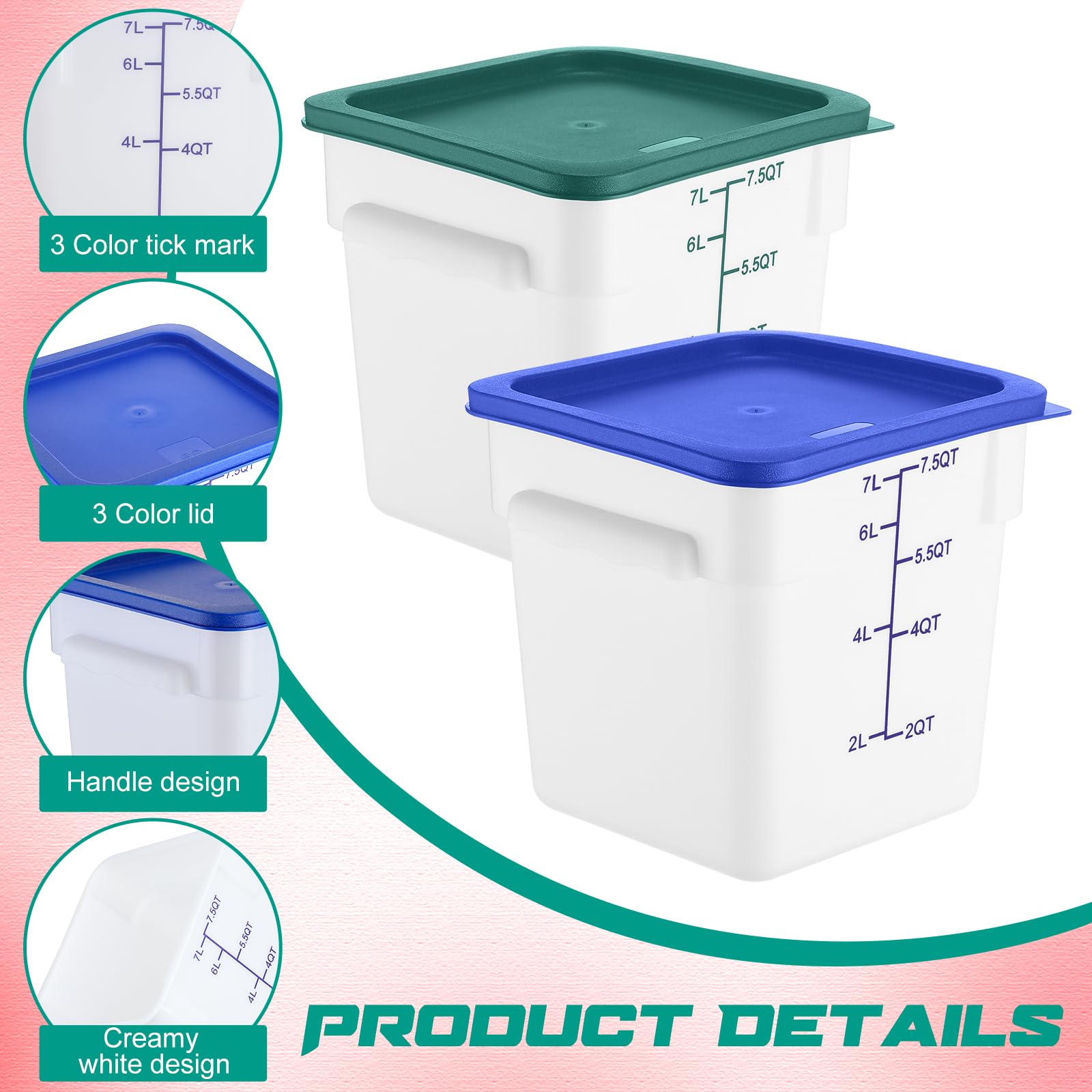 Wenqik 6 Pieces 7.5 Quart Commercial Food Storage Containers with Lid Square Food Storage Containers with Lids Space Saving Clear Brining Container for Kitchen Restaurant Freezer Flour Sugar