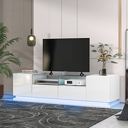 Harper & Bright Designs TV Stand with Tempered Glass, Modern High Gloss Entertainment Center for TVs Up to 70‘±, TV Cabinet with Storage and LED Color Changing Lights for Living Room, White
