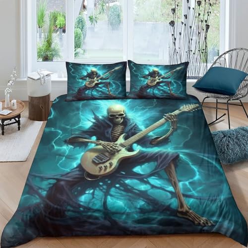 LENTLY Skull Guitar Bedding Set for Childrens and Adults Duvet Cover Set with Pillowcase 3D Print Hip Hop Rock Style Comforter Cover 3 Pieces Soft Microfiber Quilt Cover Twin(173x218cm)
