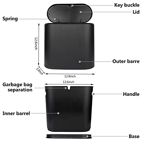 Trash Can, 10 Liter / 2.4 Gallon Plastic Slim Garbage Container Bin with Press Top Lid, Waste Basket for Kitchen, Bathroom, Living Room, Office, Narrow Place(Black)