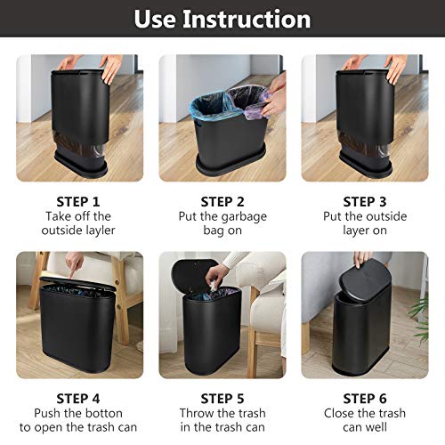 Trash Can, 10 Liter / 2.4 Gallon Plastic Slim Garbage Container Bin with Press Top Lid, Waste Basket for Kitchen, Bathroom, Living Room, Office, Narrow Place(Black)