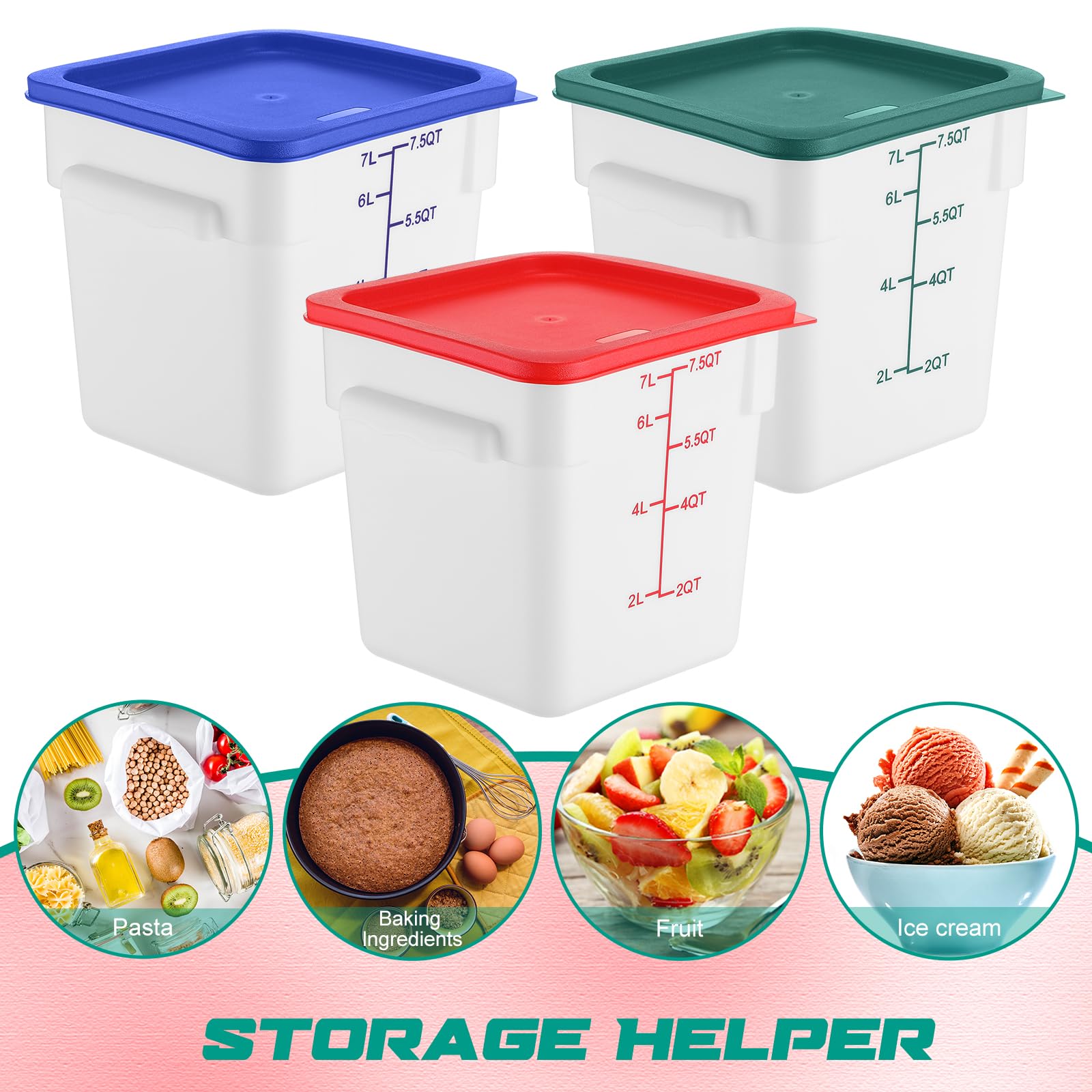 Wenqik 6 Pieces 7.5 Quart Commercial Food Storage Containers with Lid Square Food Storage Containers with Lids Space Saving Clear Brining Container for Kitchen Restaurant Freezer Flour Sugar