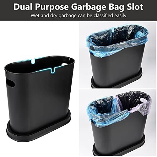 Trash Can, 10 Liter / 2.4 Gallon Plastic Slim Garbage Container Bin with Press Top Lid, Waste Basket for Kitchen, Bathroom, Living Room, Office, Narrow Place(Black)