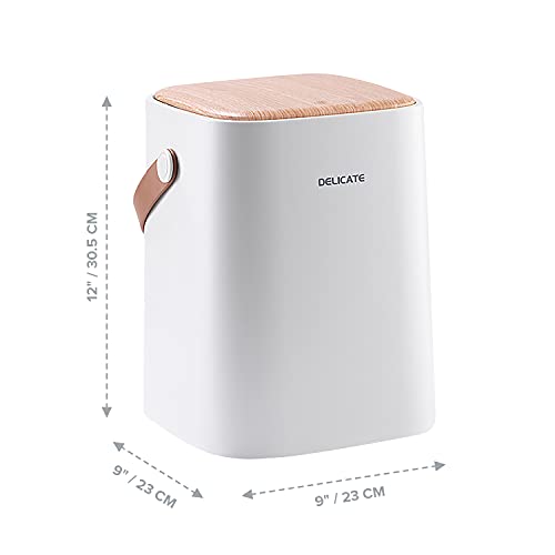 Nordic Style Garbage Can - Double Barrel Trash Can - Plastic Trash Can w/ One Press Lid - 10L/2.6Gal Waste Basket w/ Leather Handle - Modern Recycling Bins for Kitchen - Bathroom Trash Can in White & Wood