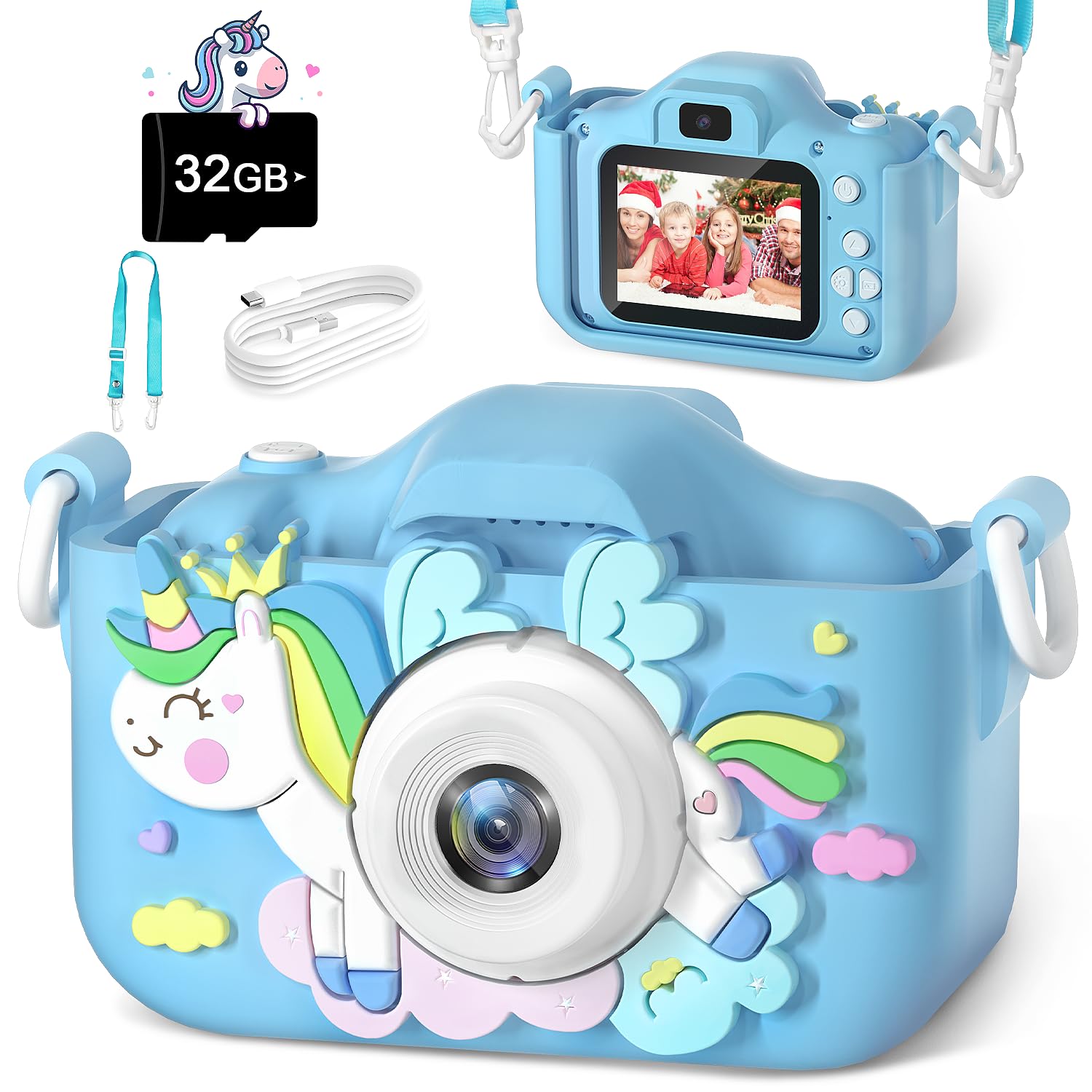 Anesky Kids Camera, Toy Camera for 3 4 5 6 7 8 9 10 11 12 Year Old Girls/Boys, Kids Digital Camera for Toddler with Video, Selfie Mode, Best Birthday Gifts Camera for Kids with 32GB Card - Blue