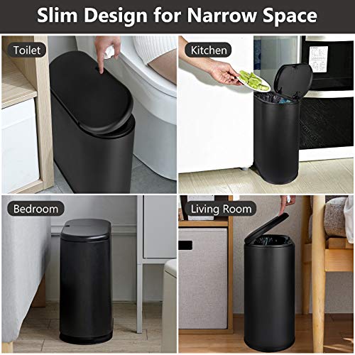 Trash Can, 10 Liter / 2.4 Gallon Plastic Slim Garbage Container Bin with Press Top Lid, Waste Basket for Kitchen, Bathroom, Living Room, Office, Narrow Place(Black)