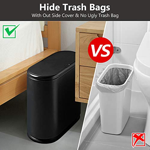 Trash Can, 10 Liter / 2.4 Gallon Plastic Slim Garbage Container Bin with Press Top Lid, Waste Basket for Kitchen, Bathroom, Living Room, Office, Narrow Place(Black)