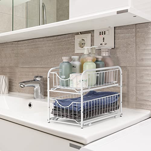 MOOACE 2 Pack Stackable 2 Tier Under Sink Cabinet Organizer with Sliding Storage Drawer, Pull Out Basket Organizer for Pantry, Under The Sink, Bathroom, Kitchen, White