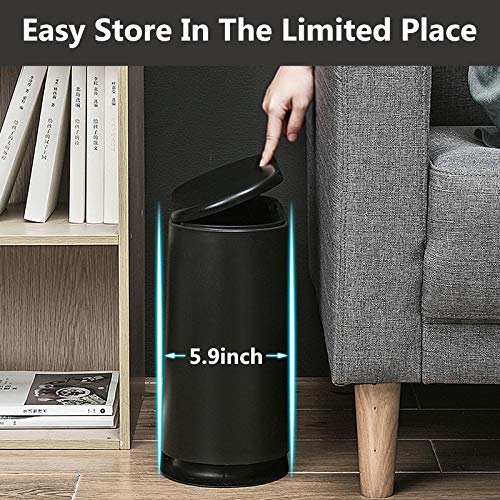 Trash Can, 10 Liter / 2.4 Gallon Plastic Slim Garbage Container Bin with Press Top Lid, Waste Basket for Kitchen, Bathroom, Living Room, Office, Narrow Place(Black)