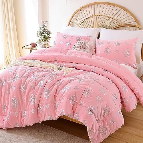 Smoofy Metallic Snowflake Pink Velvet Christmas Comforter Set, Christmas Bedding Set Blush Gold Printed Pattern Luxury Twin Size 2Pcs (1 Comforter, ONLY 1 Pillowcase)