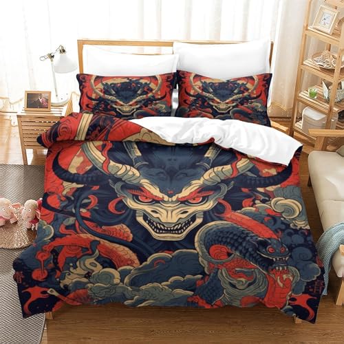 LENTLY Japanese Demon 3D Print Bedding Set for Childrens and Adults Duvet Cover Soft Microfiber Demon Illustration Comforter Cover with Pillowcase 3 Pcs Quilt Cover Twin(173x218cm)