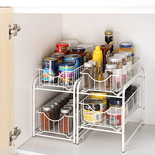 MOOACE 2 Pack Stackable 2 Tier Under Sink Cabinet Organizer with Sliding Storage Drawer, Pull Out Basket Organizer for Pantry, Under The Sink, Bathroom, Kitchen, White
