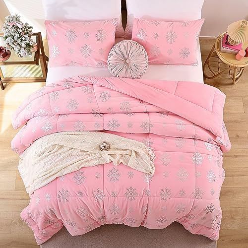 Smoofy Metallic Snowflake Pink Velvet Christmas Comforter Set, Christmas Bedding Set Blush Gold Printed Pattern Luxury Twin Size 2Pcs (1 Comforter, ONLY 1 Pillowcase)