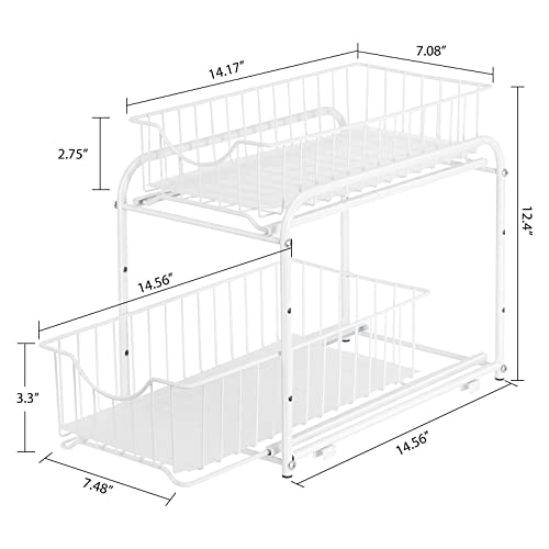 MOOACE 2 Pack Stackable 2 Tier Under Sink Cabinet Organizer with Sliding Storage Drawer, Pull Out Basket Organizer for Pantry, Under The Sink, Bathroom, Kitchen, White