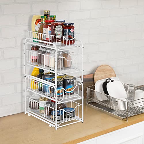 MOOACE 2 Pack Stackable 2 Tier Under Sink Cabinet Organizer with Sliding Storage Drawer, Pull Out Basket Organizer for Pantry, Under The Sink, Bathroom, Kitchen, White