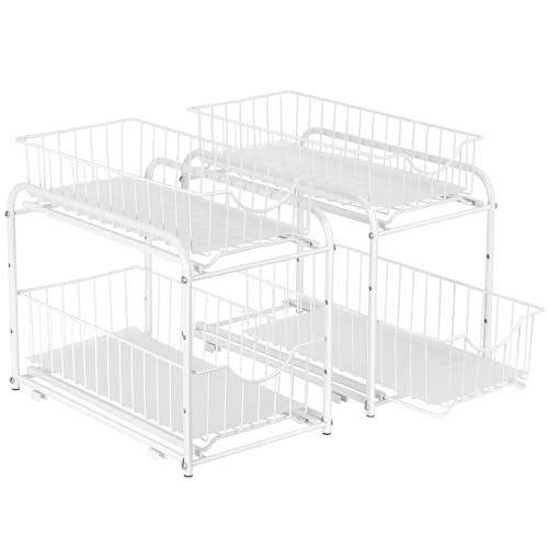 MOOACE 2 Pack Stackable 2 Tier Under Sink Cabinet Organizer with Sliding Storage Drawer, Pull Out Basket Organizer for Pantry, Under The Sink, Bathroom, Kitchen, White