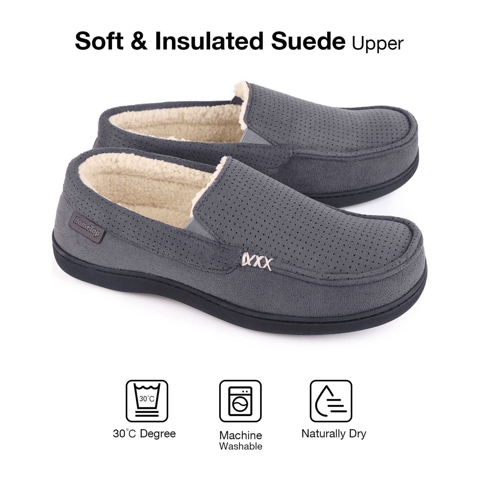 HomeTop Men's Classic Moccasin Slippers Comfy Memory Foam Indoor House Shoes Dark Gray,11 US
