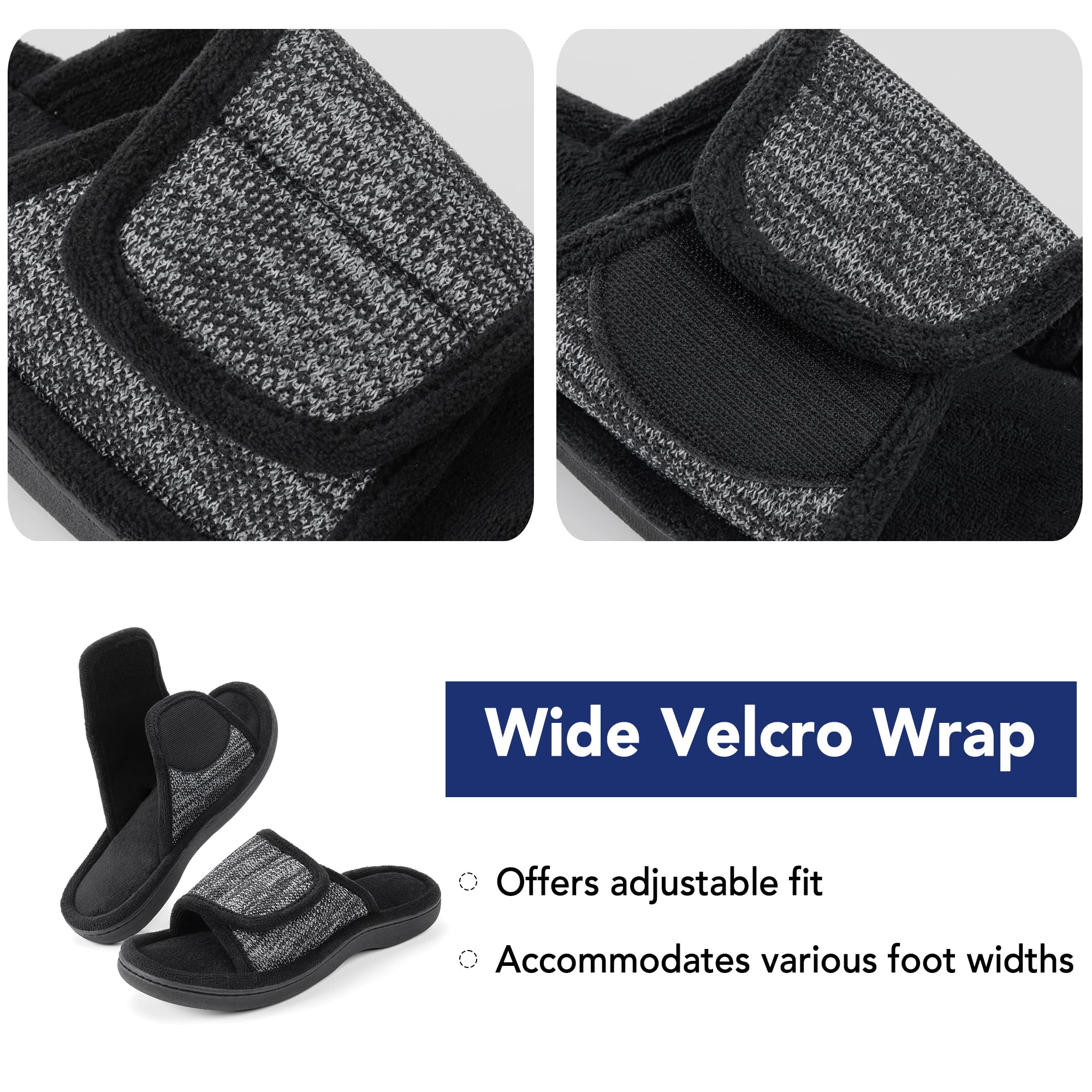 RockDove Men's Adjustable Wrap Memory Foam Slide Slipper, Size 11-12 US Men, Black