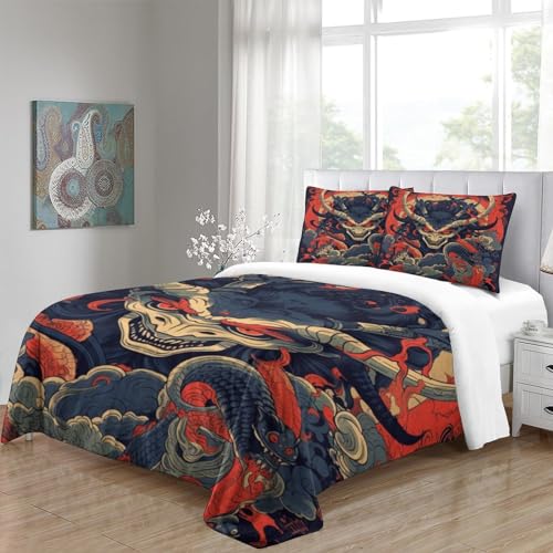 LENTLY Japanese Demon 3D Print Bedding Set for Childrens and Adults Duvet Cover Soft Microfiber Demon Illustration Comforter Cover with Pillowcase 3 Pcs Quilt Cover Twin(173x218cm)