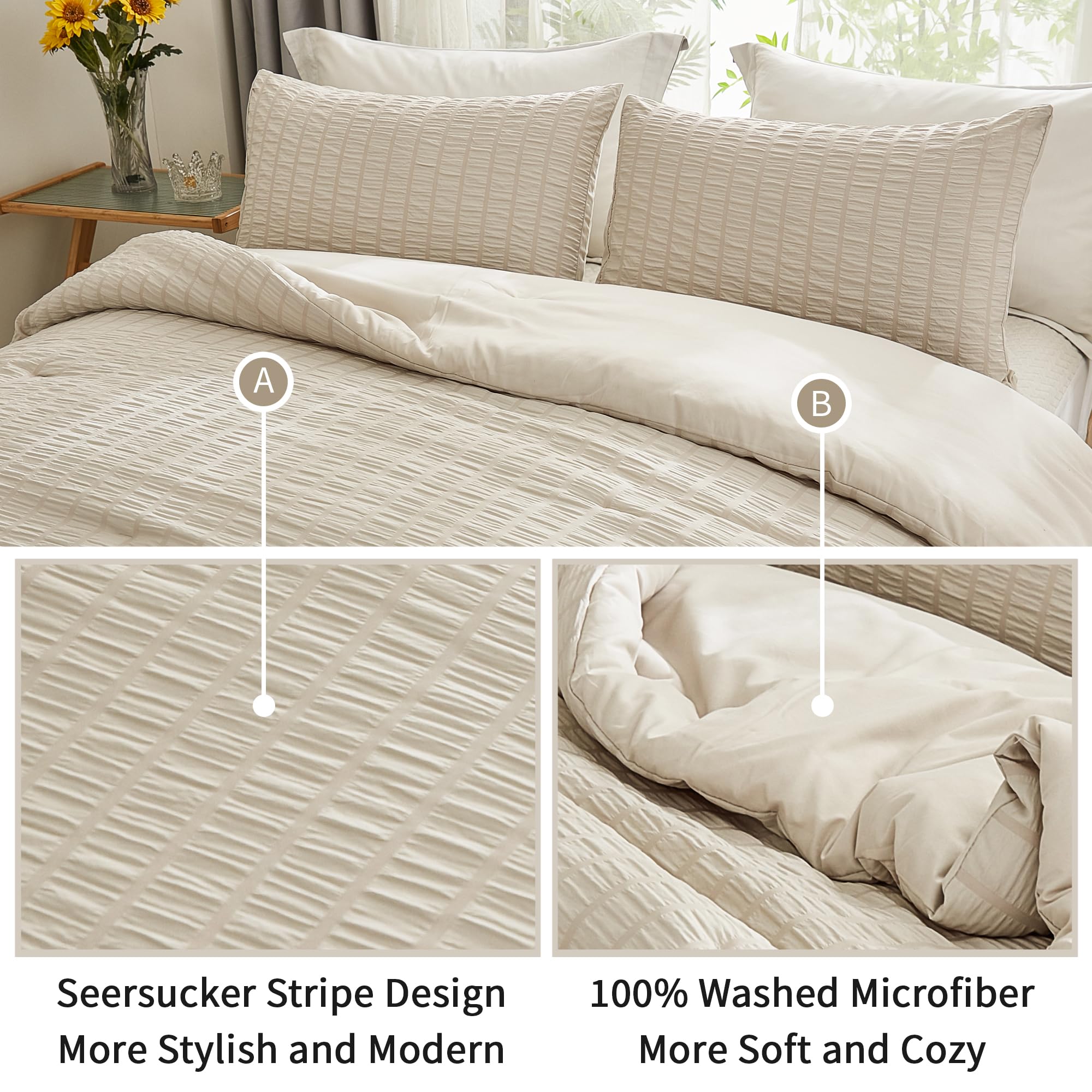 AveLom Beige Seersucker Twin Comforter Set (68x90 inches), 2 Pieces-100% Soft Washed Microfiber Lightweight Comforter with 2 Pillowcases, All Season Down Alternative Comforter Set for Bedding