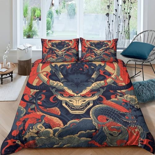 LENTLY Japanese Demon 3D Print Bedding Set for Childrens and Adults Duvet Cover Soft Microfiber Demon Illustration Comforter Cover with Pillowcase 3 Pcs Quilt Cover Twin（173x218cm）