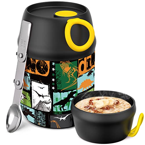 Healthlif 17oz Soup thermo for Hot Food, Kids Thermo Insulated Food Jar for School, Width Mouth Stainless Steel Hot Food Lunch Container for Kid with Spoon (B-Deep Black)