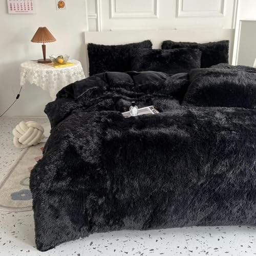 MR.FEATHER Duvet Cover Queen Size, Thickening Winter Fluffy Luxury Plush Shaggy Duvet Cover Sets Velvet Bedding Comforter Bed Sets 3 Pieces (Black, Twin)