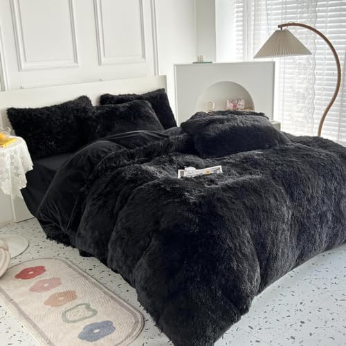 MR.FEATHER Duvet Cover Queen Size, Thickening Winter Fluffy Luxury Plush Shaggy Duvet Cover Sets Velvet Bedding Comforter Bed Sets 3 Pieces (Black, Twin)