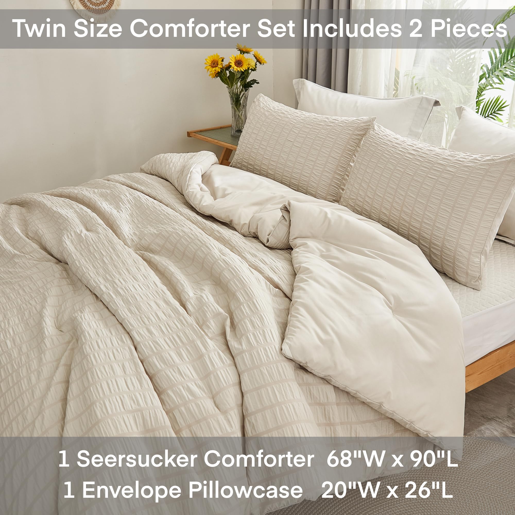 AveLom Beige Seersucker Twin Comforter Set (68x90 inches), 2 Pieces-100% Soft Washed Microfiber Lightweight Comforter with 2 Pillowcases, All Season Down Alternative Comforter Set for Bedding