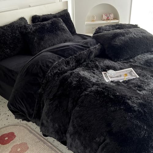 MR.FEATHER Duvet Cover Queen Size, Thickening Winter Fluffy Luxury Plush Shaggy Duvet Cover Sets Velvet Bedding Comforter Bed Sets 3 Pieces (Black, Twin)