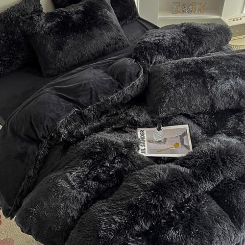 MR.FEATHER Duvet Cover Queen Size, Thickening Winter Fluffy Luxury Plush Shaggy Duvet Cover Sets Velvet Bedding Comforter Bed Sets 3 Pieces (Black, Twin)