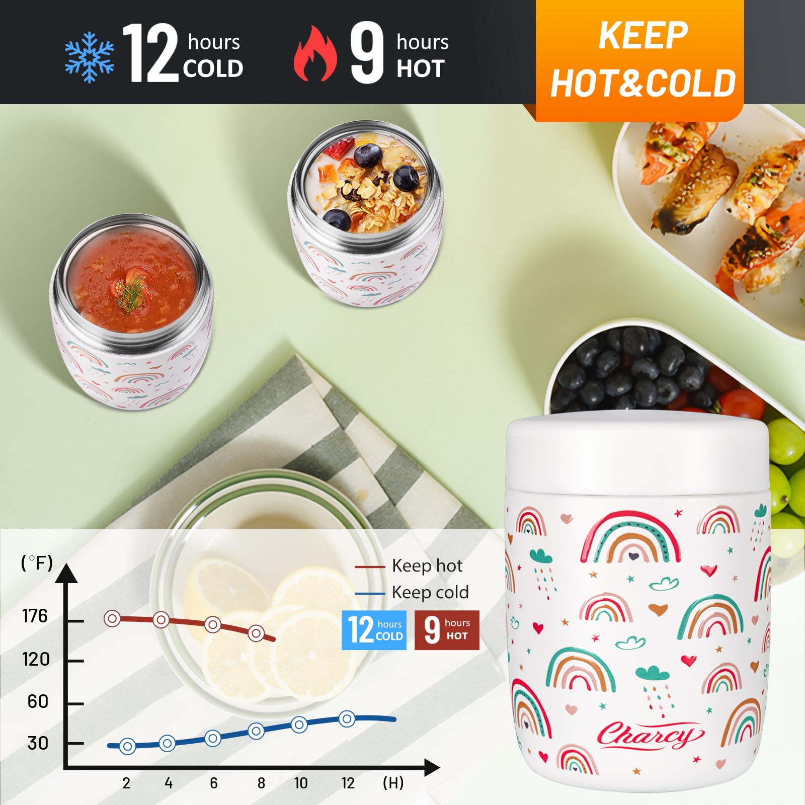 Charcy 9oz Stainless Steel Vacuum Insulated Kids Food Jar - Soup Thermo for Hot & Cold Food - White Rainbow