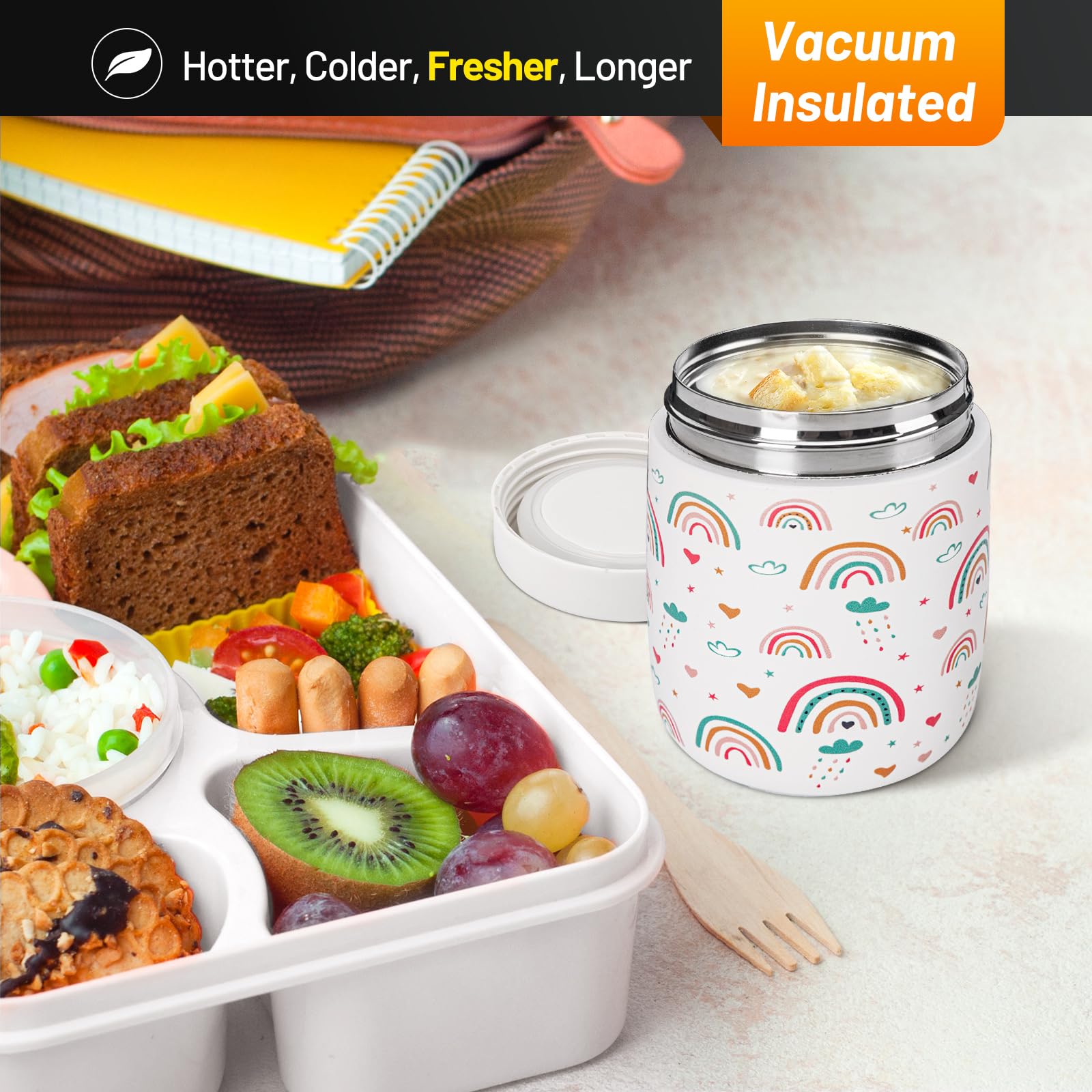 Charcy 9oz Stainless Steel Vacuum Insulated Kids Food Jar - Soup Thermo for Hot & Cold Food - White Rainbow