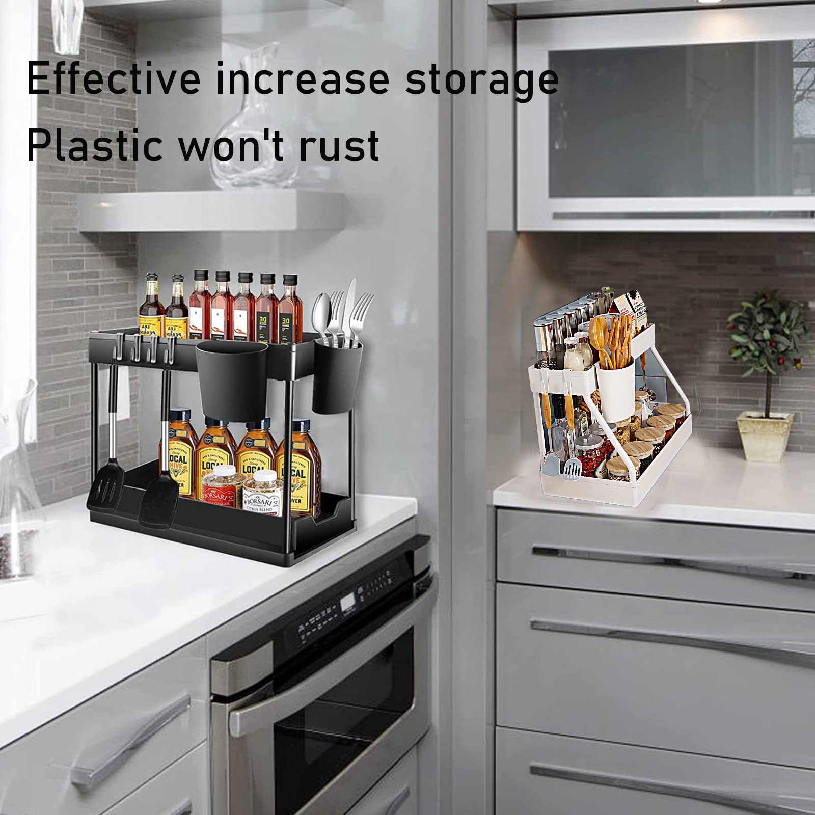 Under Sink Storage Rack Two Tier Pull Out Kitchen Under Sink Organizer and Storage Bathroom Under Sink Storage Rack 15.7 * 6.5 * 11.2 Inch Black Under Sink White Countertop (2 Pack) (white and white)