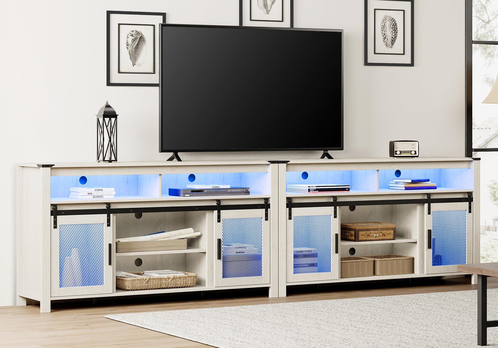 WAMPAT 2-in-1 TV Stand for 100+ Inch TV, Farmhouse & Industrial Media Entertainment Center w/Sliding Mesh Doors, Rustic TV Console w/Storage Shelves & Blue LED Lights for Living Room, Antique White