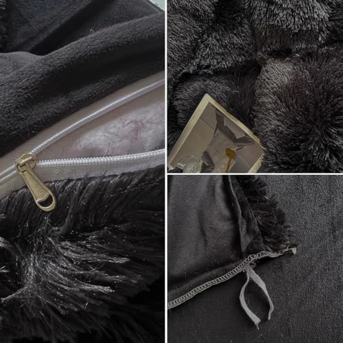 MR.FEATHER Duvet Cover Queen Size, Thickening Winter Fluffy Luxury Plush Shaggy Duvet Cover Sets Velvet Bedding Comforter Bed Sets 3 Pieces (Black, Twin)