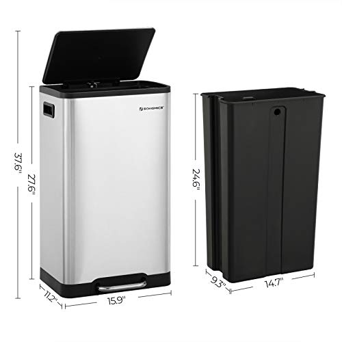 SONGMICS Trash Can, 12-Gallon Pedal Garbage Can, Stainless Steel Step Bin, Plastic Inner Bucket and Lid, Soft Closure, Fingerprint Proof, for Kitchen, Living Room, Silver ULTB007E01