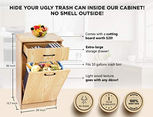 Tilt Out Trash Bin Cabinet Tilt Out Trash Can Cabinet Hide Away Kitchen Island Wooden Trash Can for Kitchen with Removable Cutting Board Wood Storage Drawer Indoor Trash Cabinet Holds Upto 10 Gallons