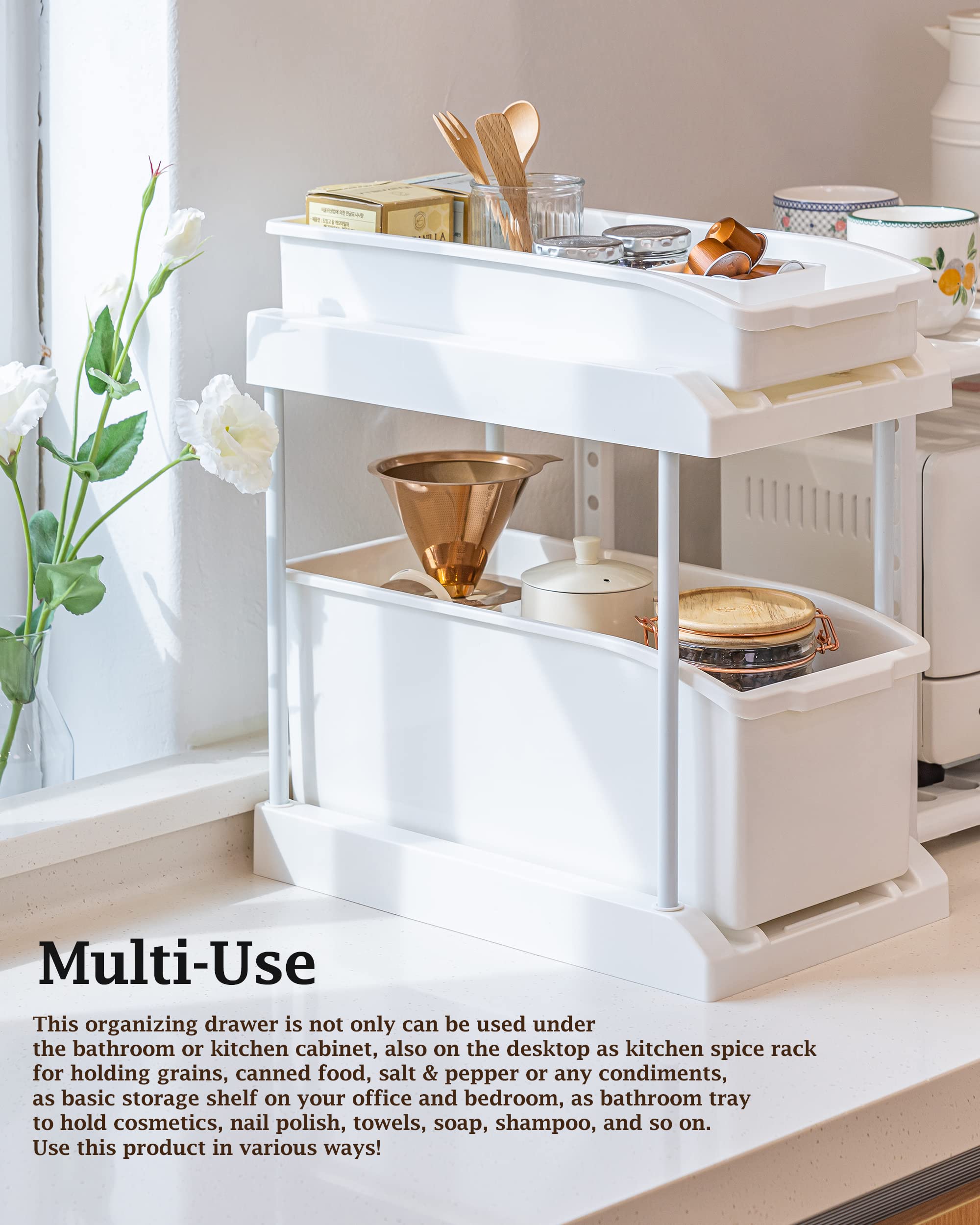 COELO Under Sink Organizer 2-Tier Shelf Kitchen Bathroom Cabinet Multi-purpose Multi-use Dish Brush Storage Sponge Holder Standing Rack, White