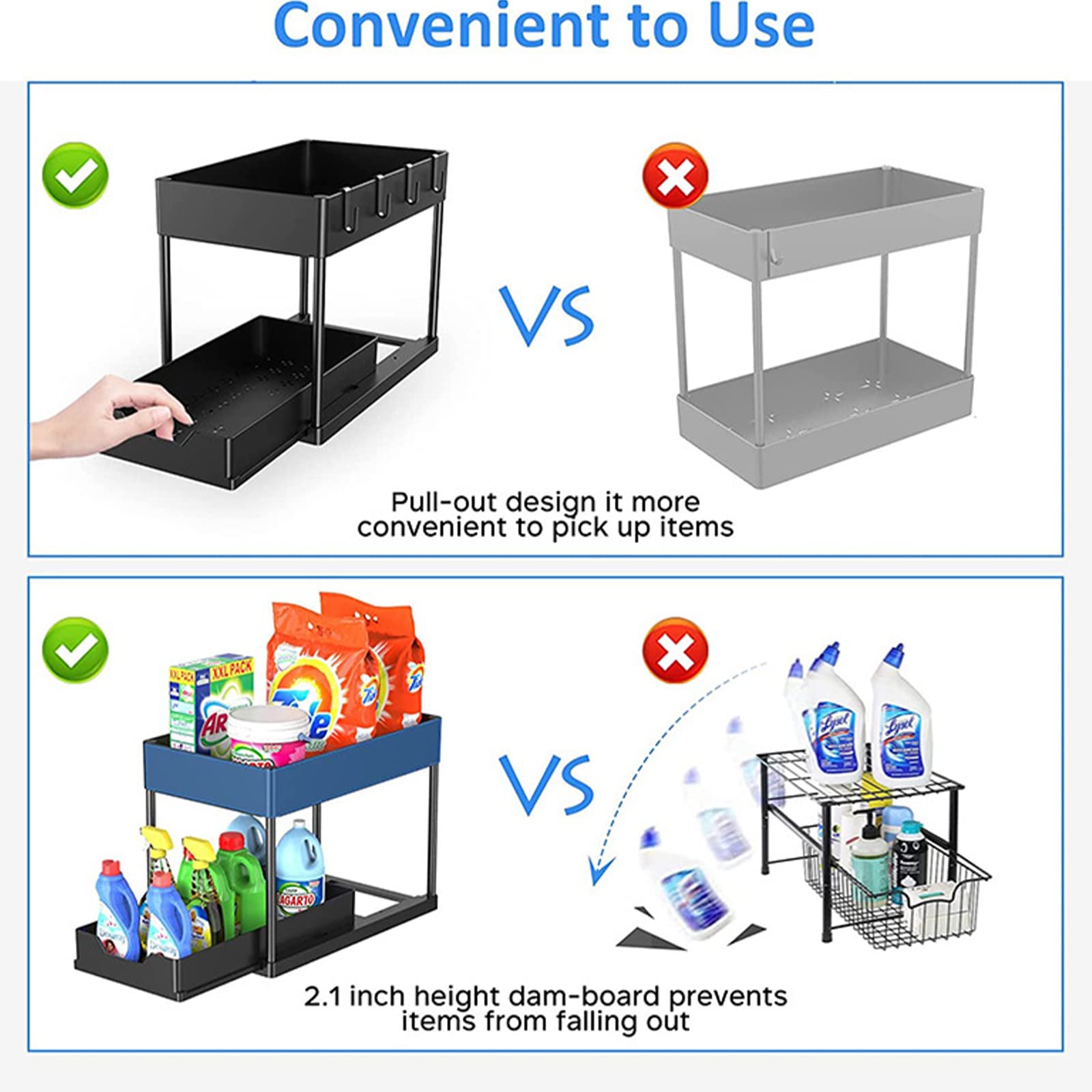 Under Sink Storage Rack Two Tier Pull Out Kitchen Under Sink Organizer and Storage Bathroom Under Sink Storage Rack 15.7 * 6.5 * 11.2 Inch Black Under Sink White Countertop (2 Pack) (white and white)