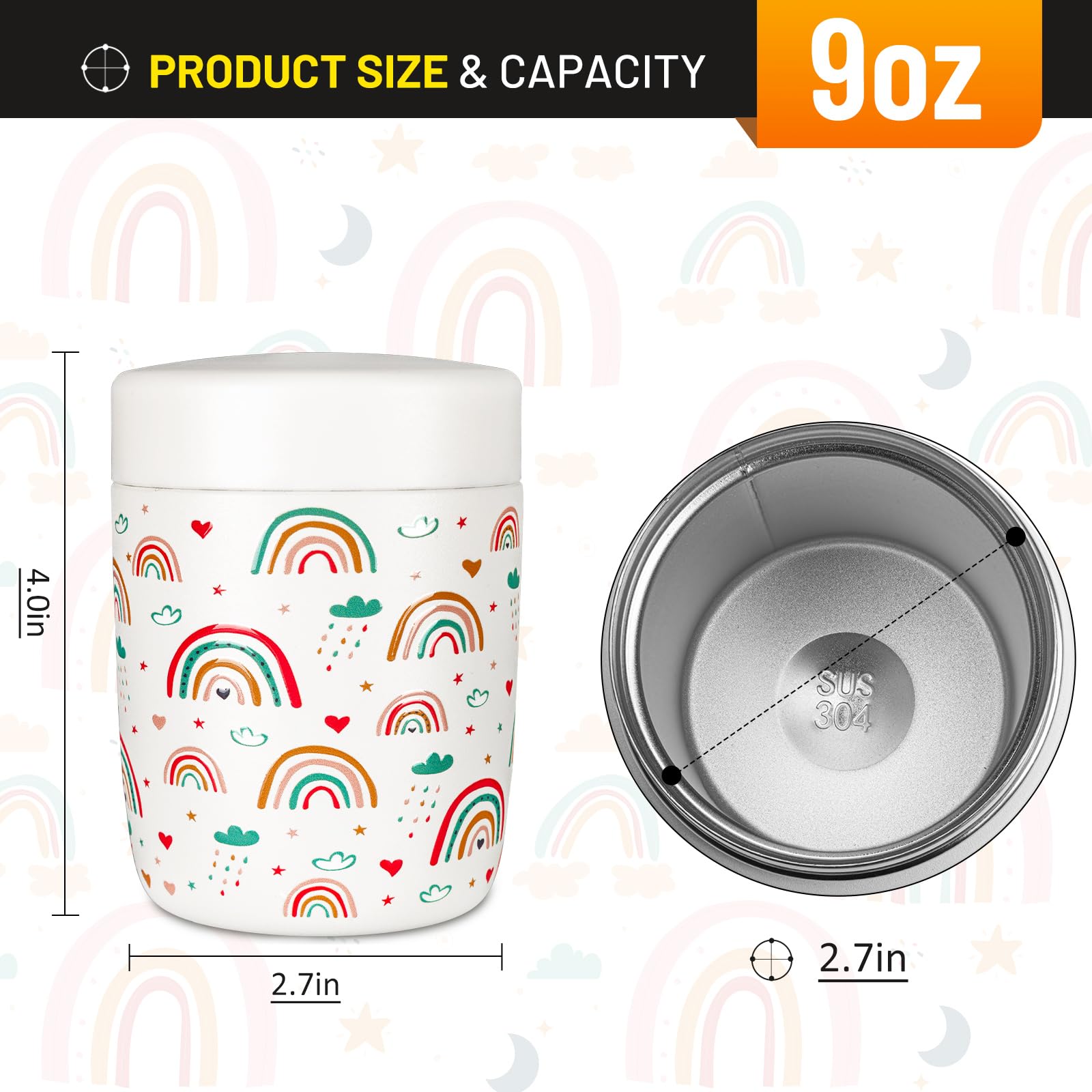 Charcy 9oz Stainless Steel Vacuum Insulated Kids Food Jar - Soup Thermo for Hot & Cold Food - White Rainbow