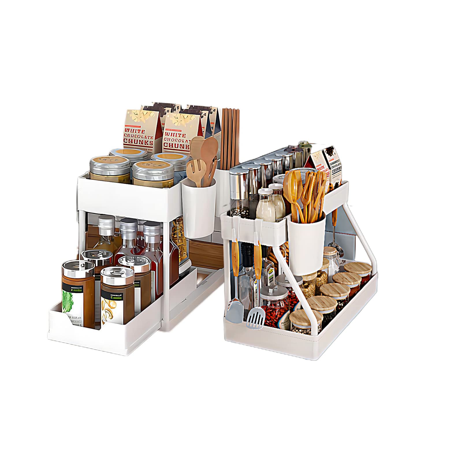Under Sink Storage Rack Two Tier Pull Out Kitchen Under Sink Organizer and Storage Bathroom Under Sink Storage Rack 15.7 * 6.5 * 11.2 Inch Black Under Sink White Countertop (2 Pack) (white and white)
