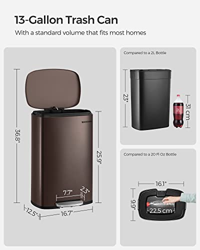 SONGMICS 13 Gallon Trash Can, Stainless Steel Kitchen Garbage Can, Recycling or Waste Bin, Soft Close, Step-On Pedal, Removable Inner Bucket, Brown ULTB50BR